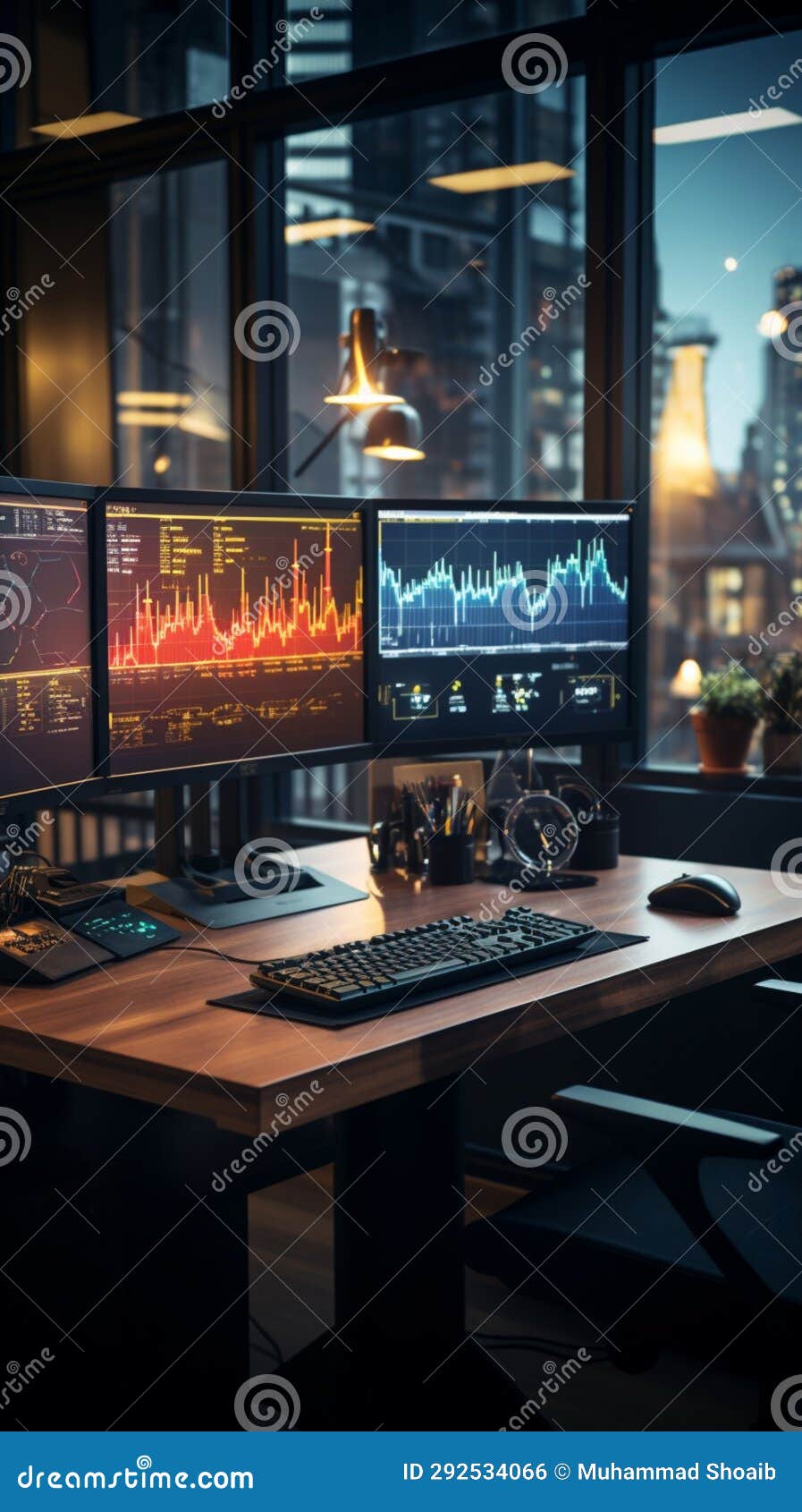 Empty Traders Workplace with a Glass Walled Office, Computer, and ...