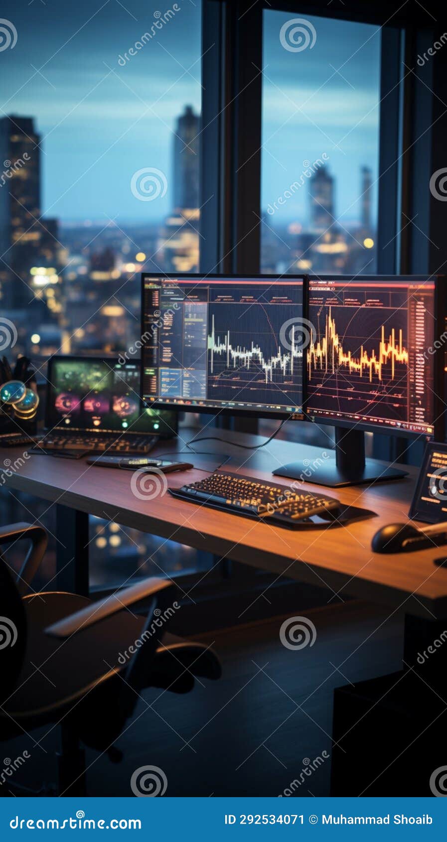 Empty Traders Workplace with a Glass Walled Office, Computer, and ...