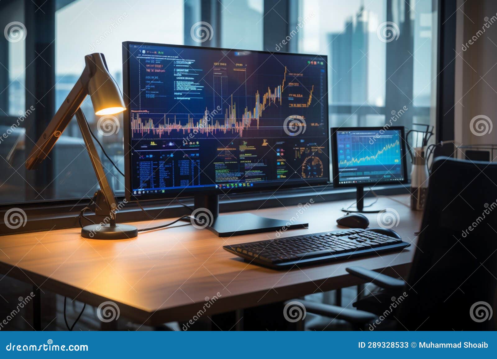 Empty Traders Workplace with a Glass Walled Office, Computer, and ...