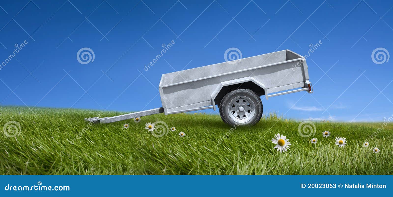 Empty Trailer on the Green Meadow Stock Image - Image of blue, trailer ...