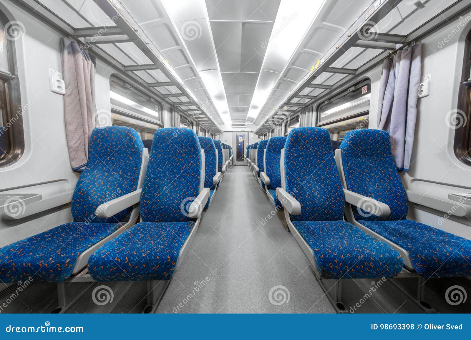 Empty Train Interior with Blue Chairs Stock Photo - Image of comfort ...