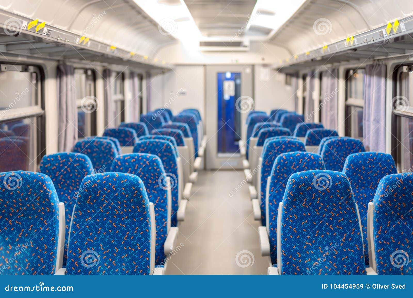 Empty Train Interior with Blue Chairs Stock Image - Image of carriage ...