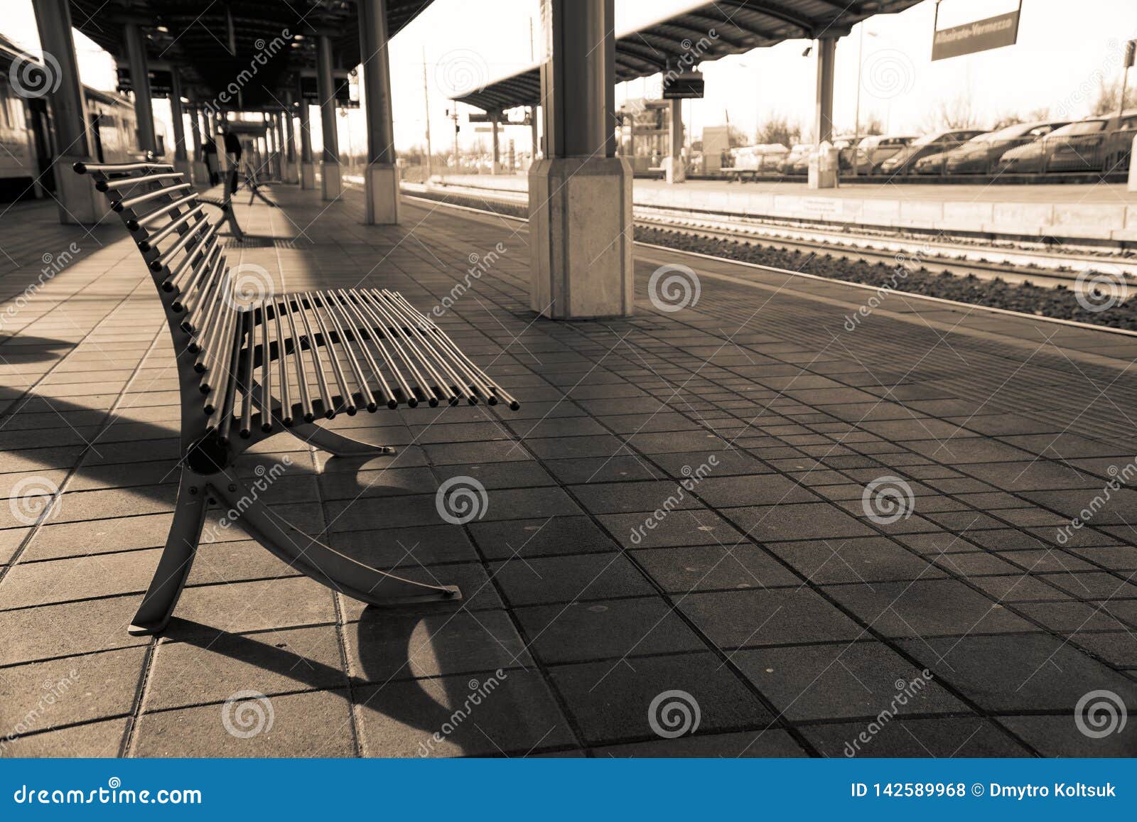Empty Train Station, Iron Chair or Bench in Empty Platform. Stock Photo ... Empty Train Station, Iron Chair or Bench in Empty Platform. Stock Photo ...