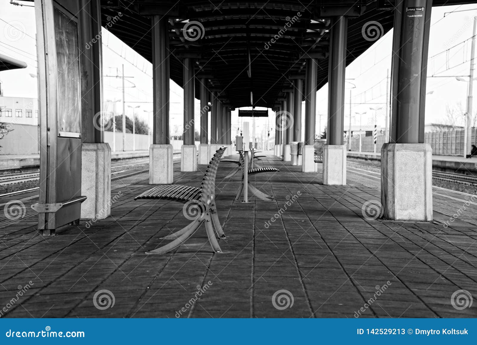 Empty Train Station, Iron Chair or Bench in Empty Platform. Stock Image ...