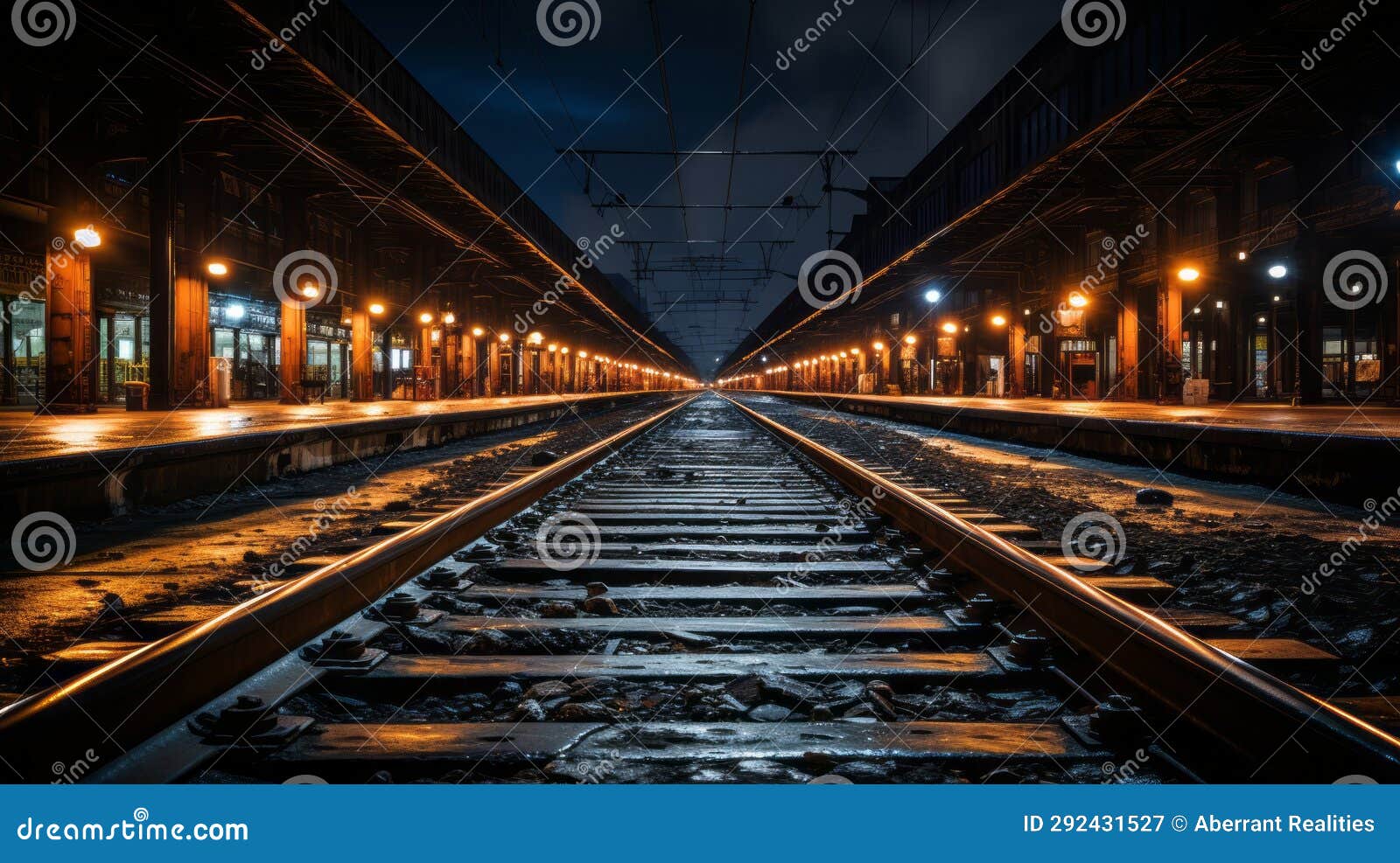 An Empty Train Station at Night with Lights on the Tracks Stock ...