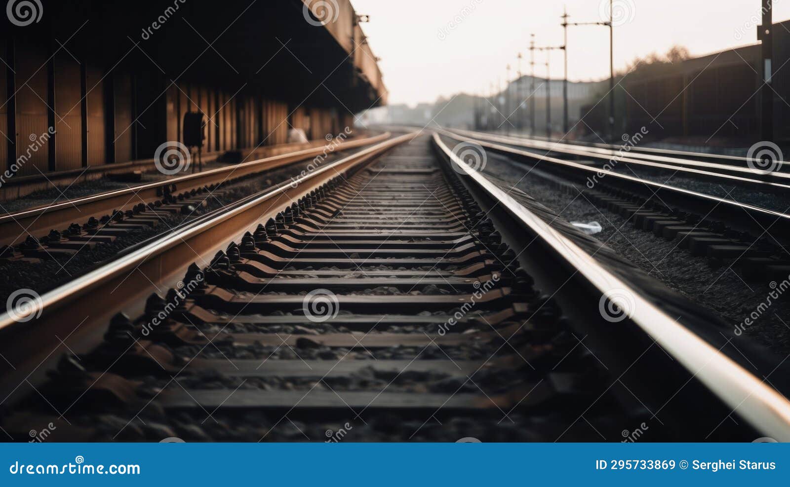 An Empty Train Track with the Sun Setting in Front of it, AI Stock ...