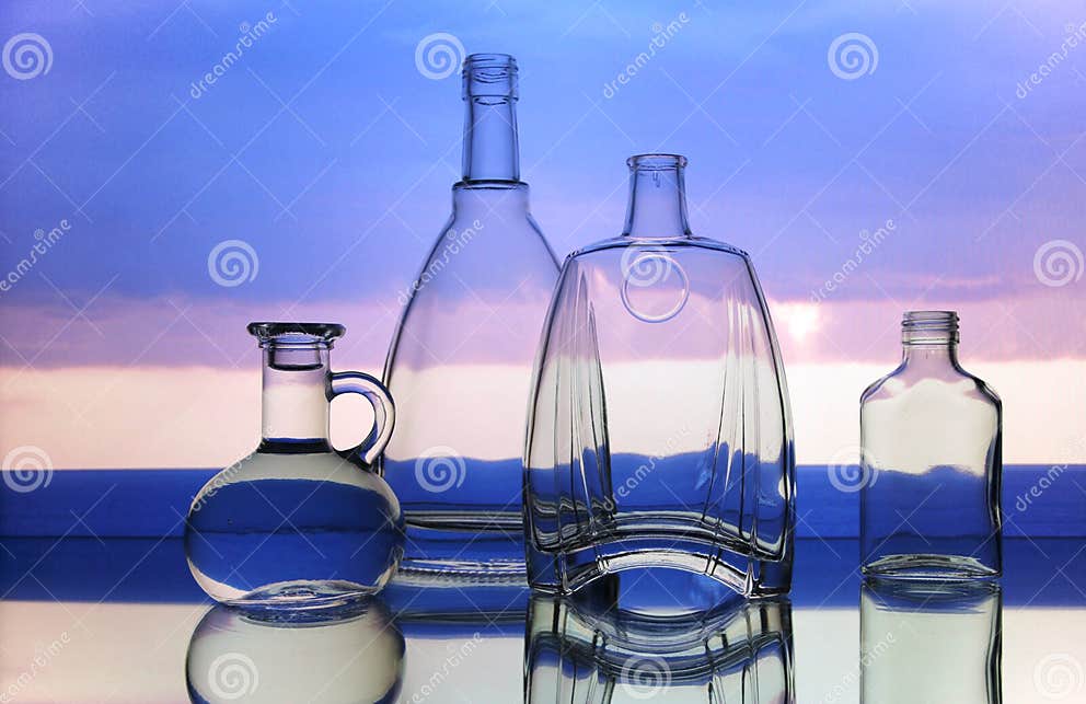 Empty Transparent Glass Bottles Forms Stock Photo - Image of diverse ...
