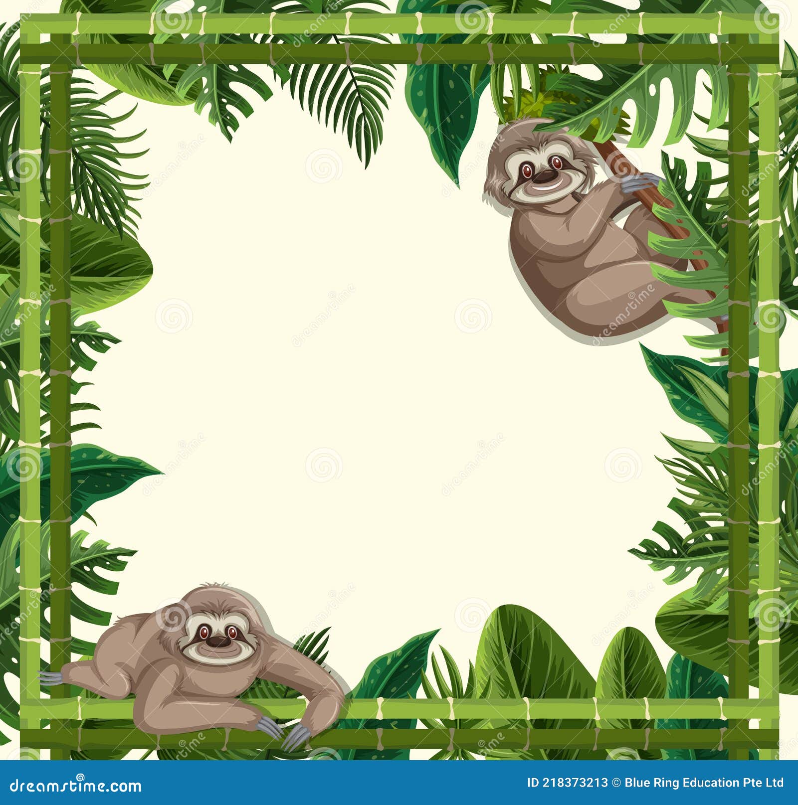 Empty Tropical Leaves Frame Banner with Sloth Cartoon Character Stock ...