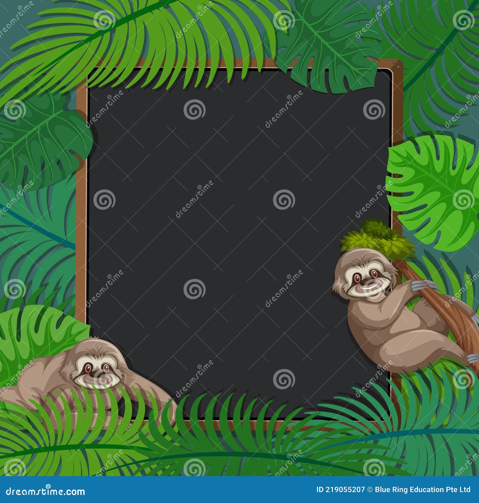 Empty Tropical Leaves Frame Banner with Sloth Cartoon Character Stock ...