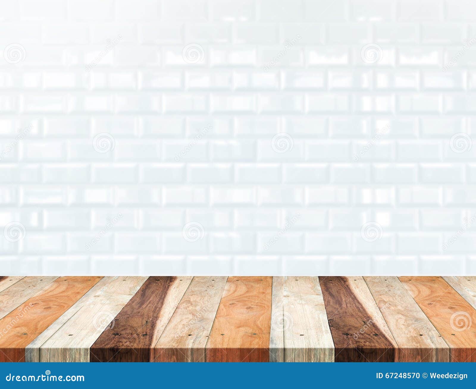 Empty Tropical Wood Table and Blur White Ceramic Tile Brick Wall Stock ...
