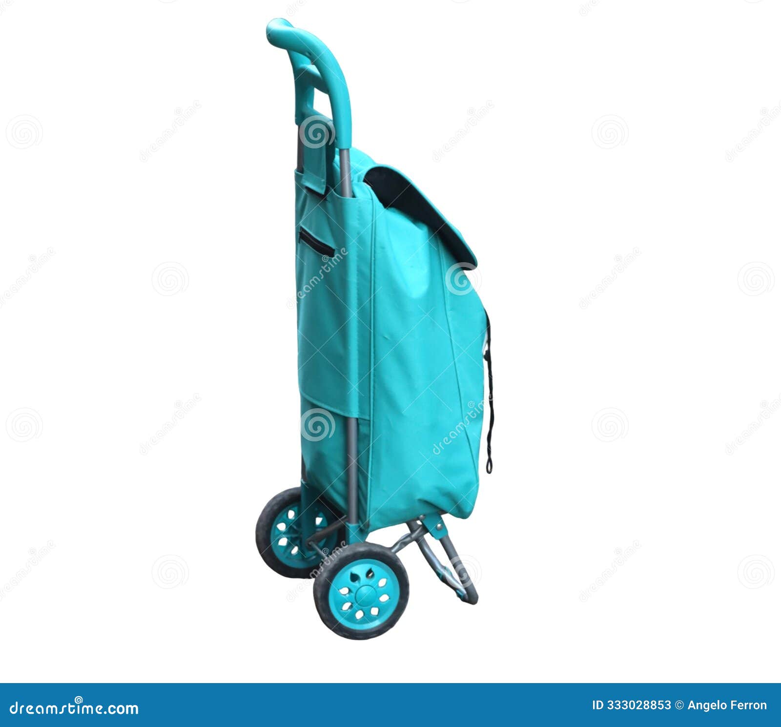 Empty Turquoise Shopping Cart Standing Upright on White Background ...