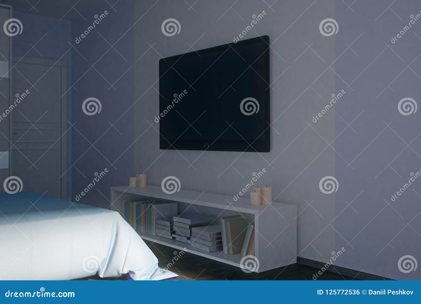 Empty TV in modern bedroom stock illustration. Illustration of bedroom ...