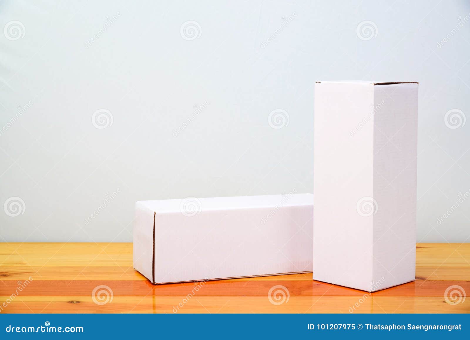 Empty Two Package White Cardboard Box for Long Items on Wooden T Stock ...