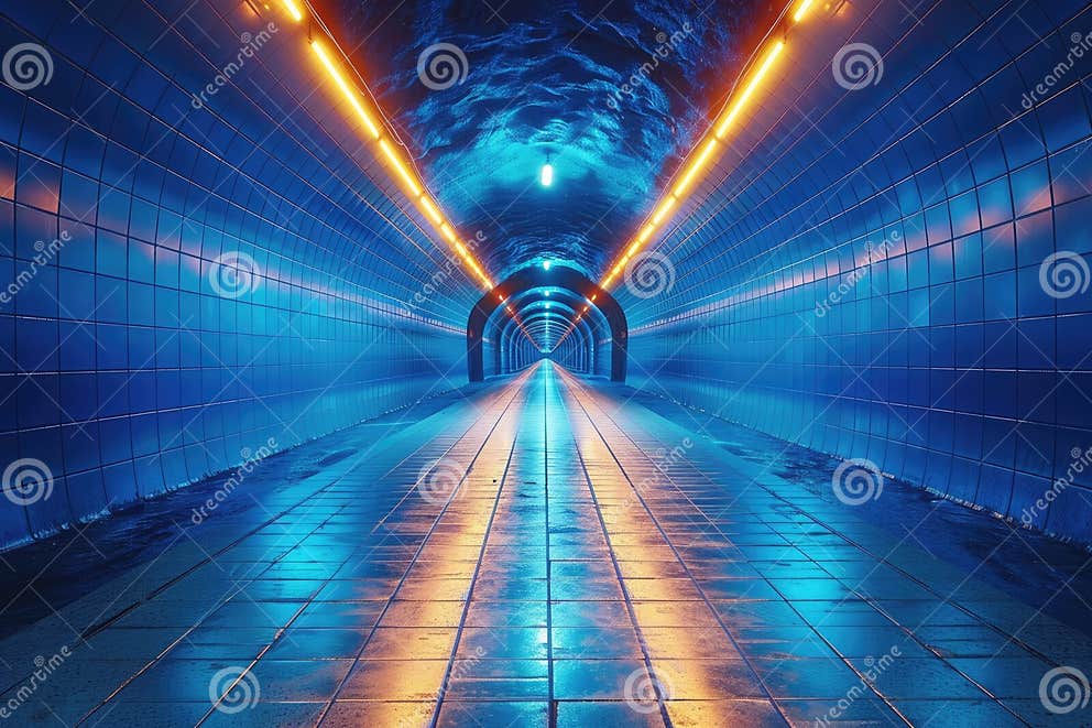 An Empty Underground Blue Room with Bare Walls and Lighting Metro Stock ...