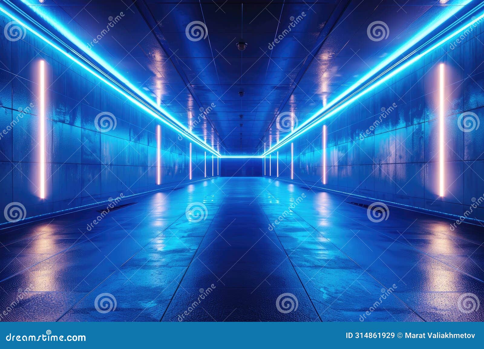 An Empty Underground Blue Room with Bare Walls and Lighting Metro Stock ...
