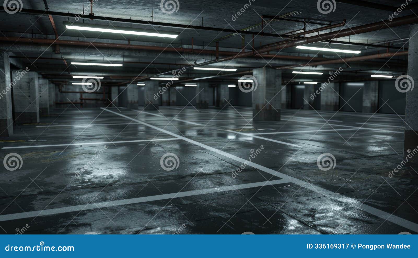 Empty Underground Parking Lot with Concrete Pillars and Wet Floor Stock ...