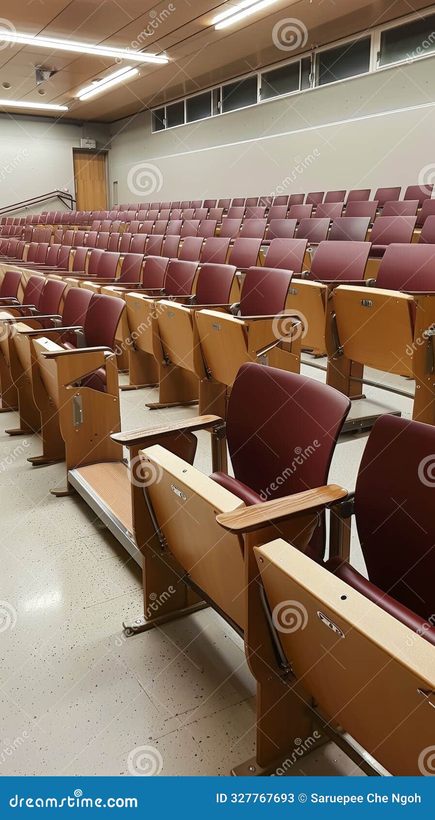 Empty University Lecture Hall with Rows of Wooden Chairs and Desks in ...