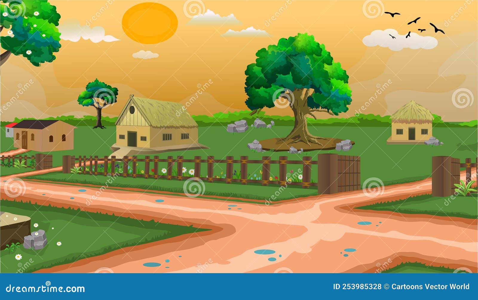 Village Map. Cartoon Map With Houses, Animals, Road, Lakes, Trees And ...