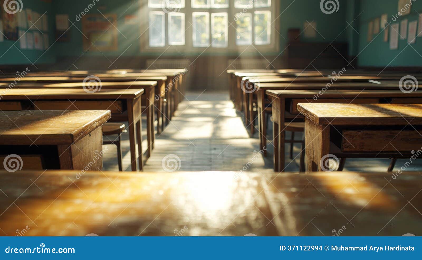 A Vintage Classroom Filled With Wooden Desks, Shelves Of Old Books, A ...