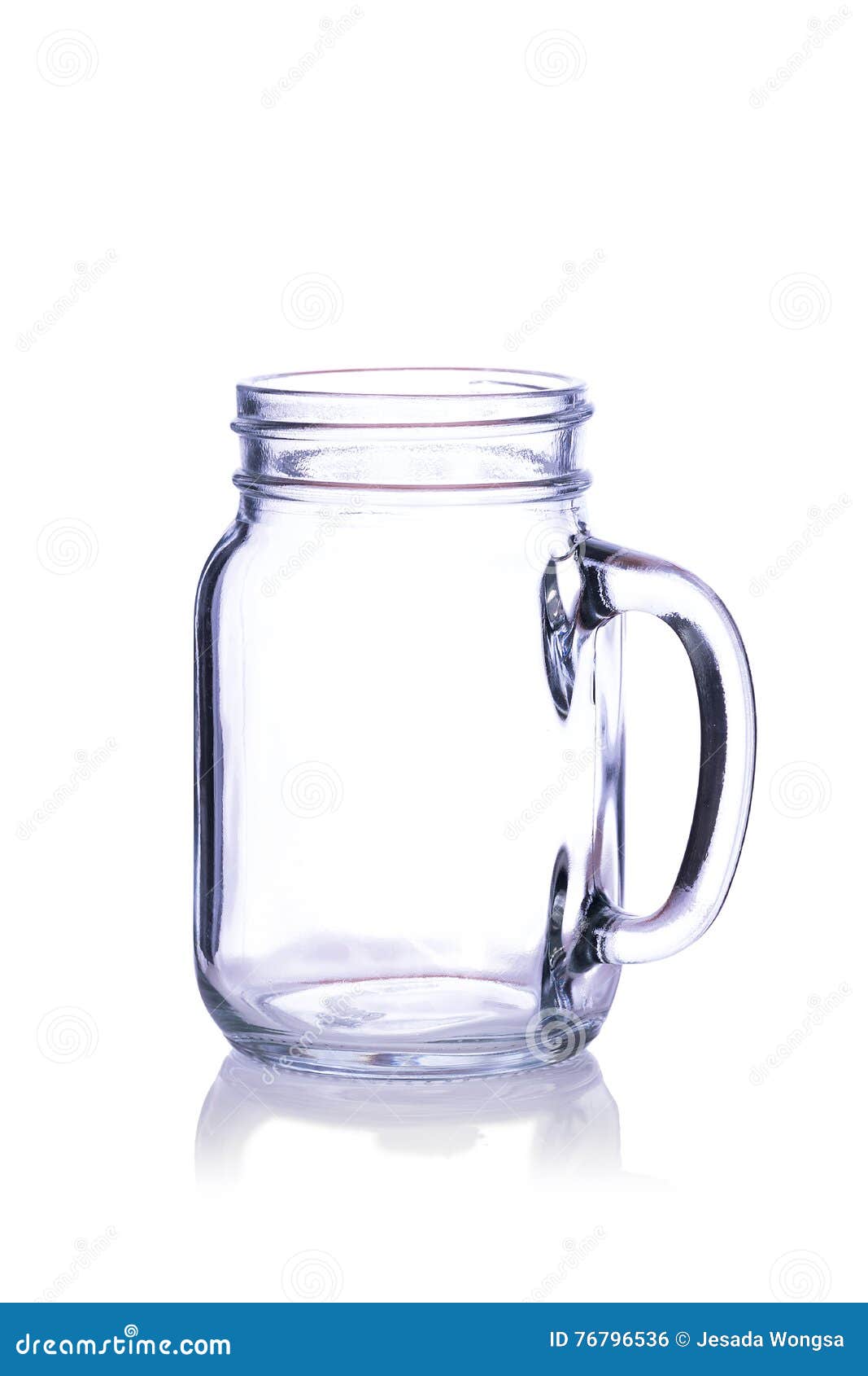 Empty Vintage Mason Jar with Handle on White Background Reflection ...
