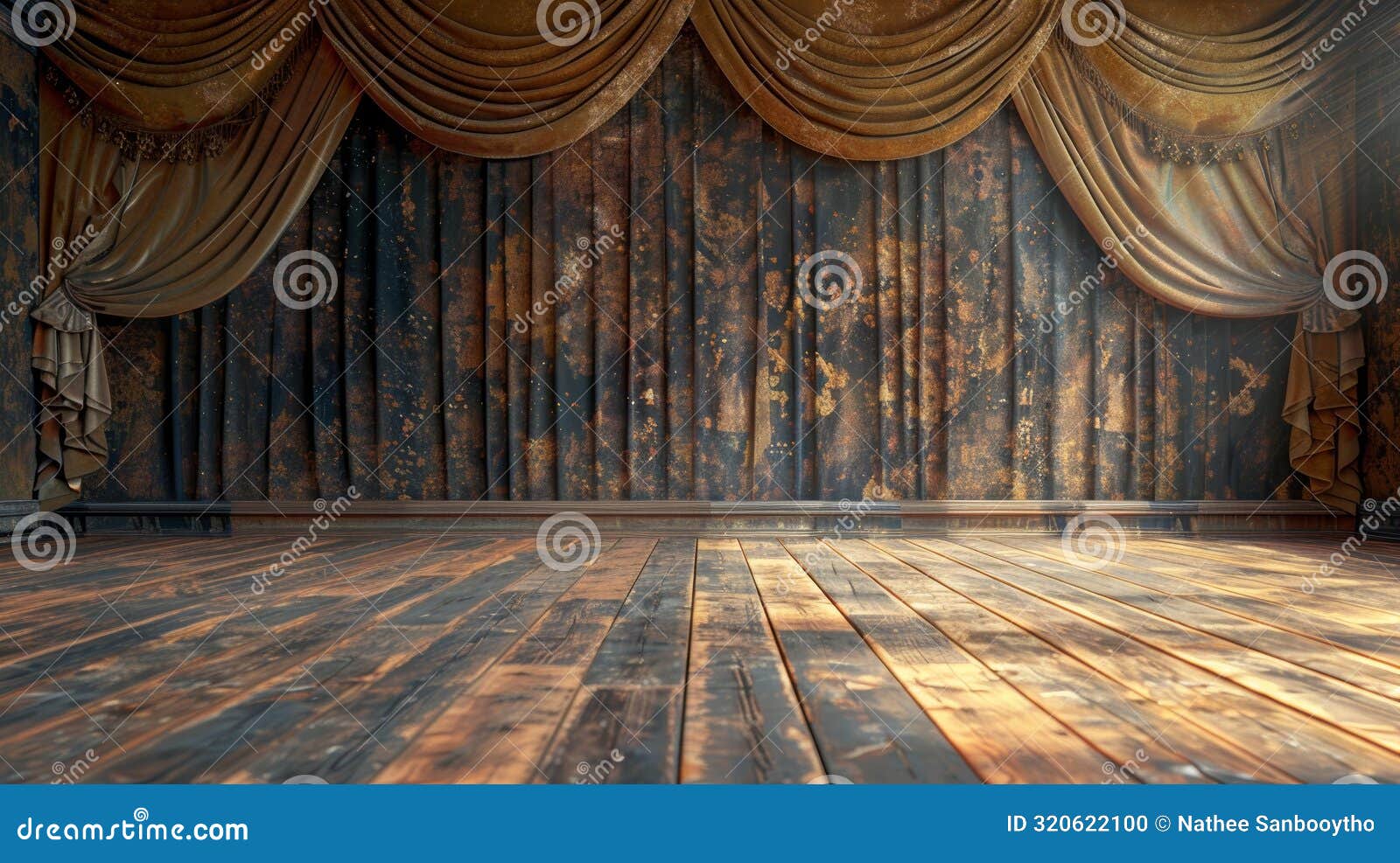 Vintage Theater Stage With Red Curtains And Wooden Floorboards Captured ...