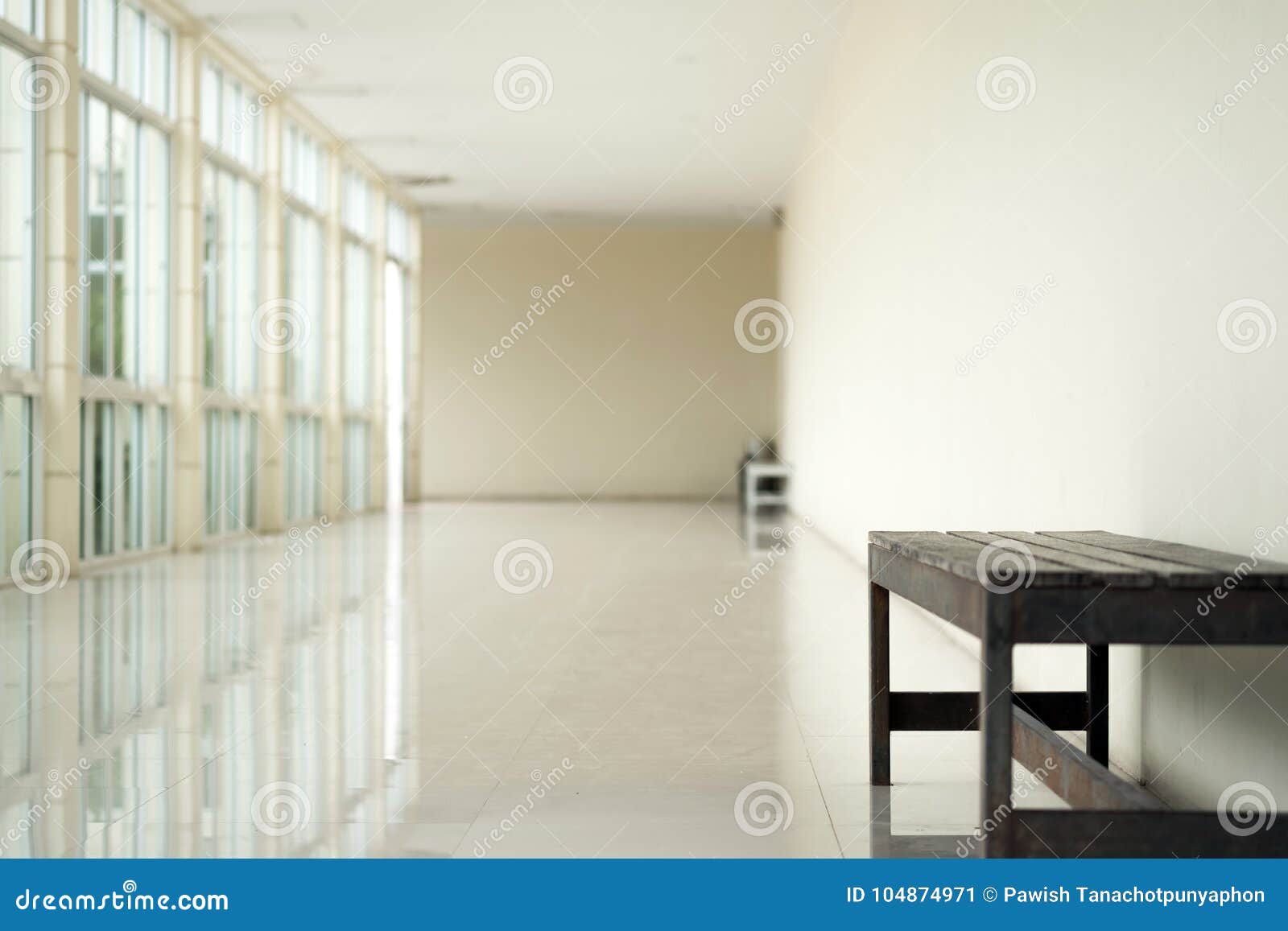 Empty Walkway in Building Hall Perspective with Long White Wall Stock ...