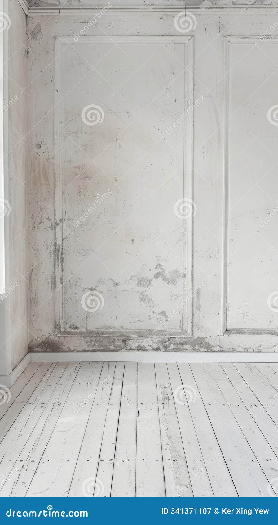 Minimalist Interior with Distressed White Walls and Wooden Floorboards ...