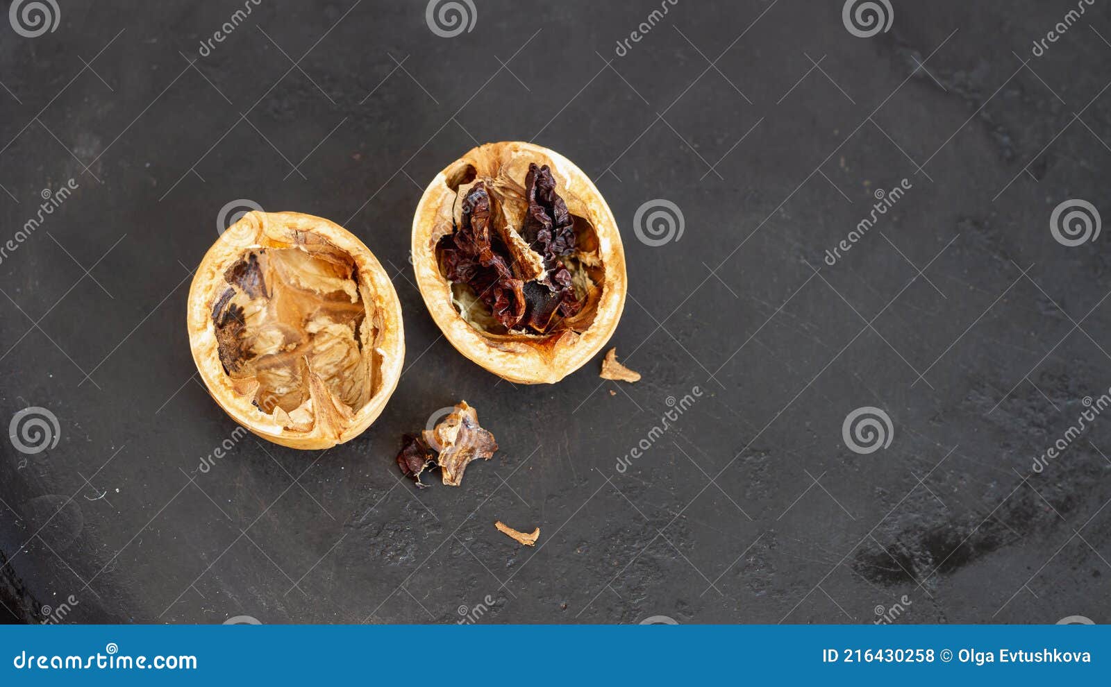 An Empty Walnut Shell with a Dried Walnut Kernel on a Black Background ...