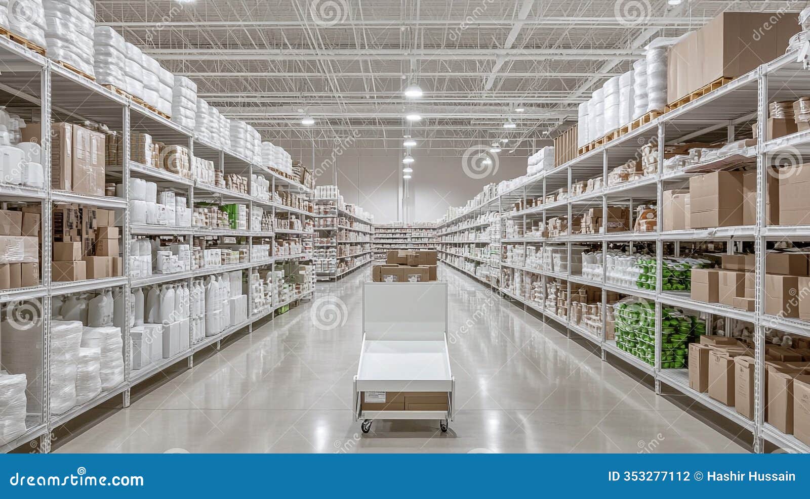 Empty Warehouse Aisle with Storage Shelves and Cart Stock Illustration ...