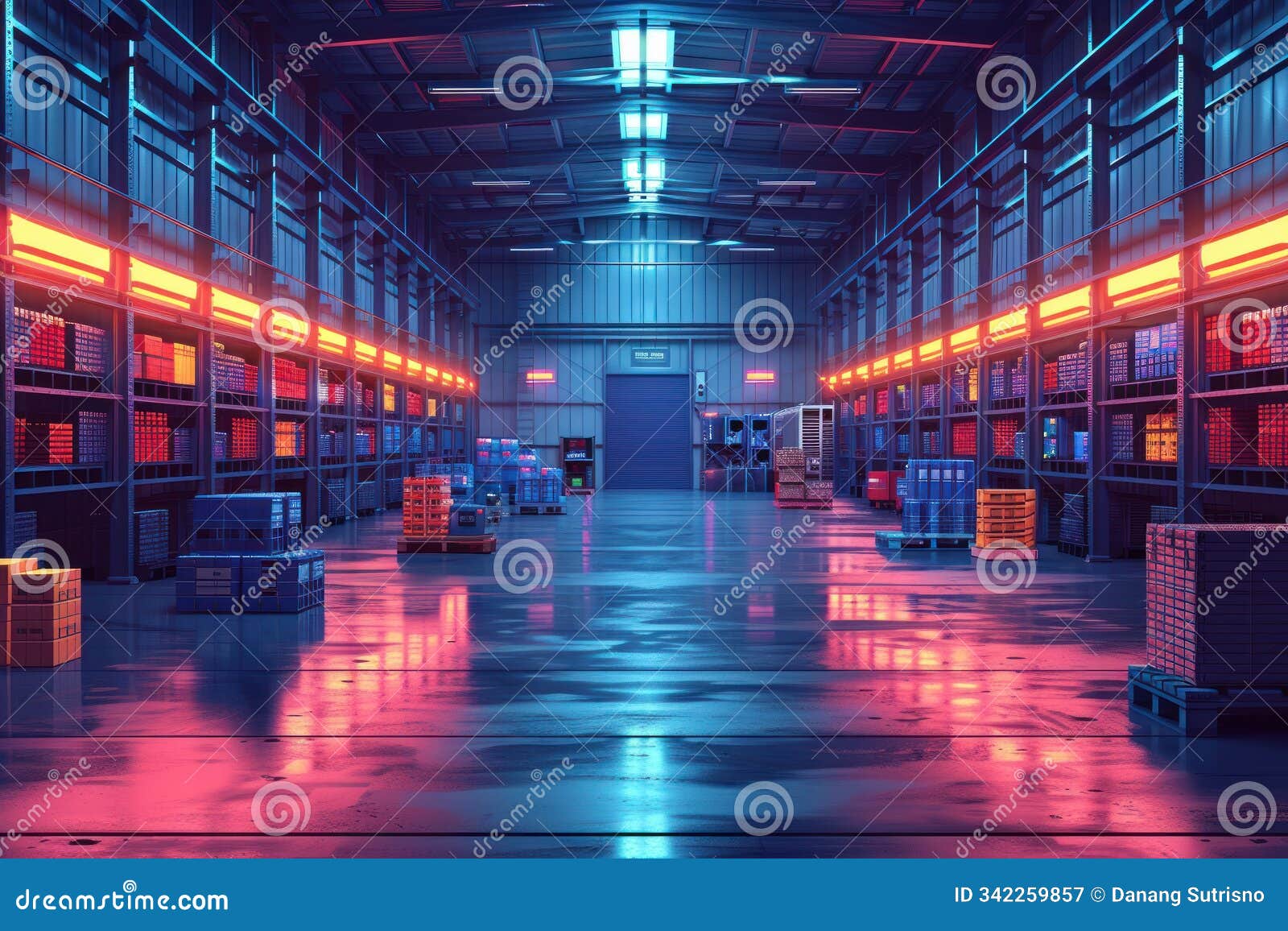 Empty Warehouse with Blue and Red Neon Lights, Shelves and Pallets with ...