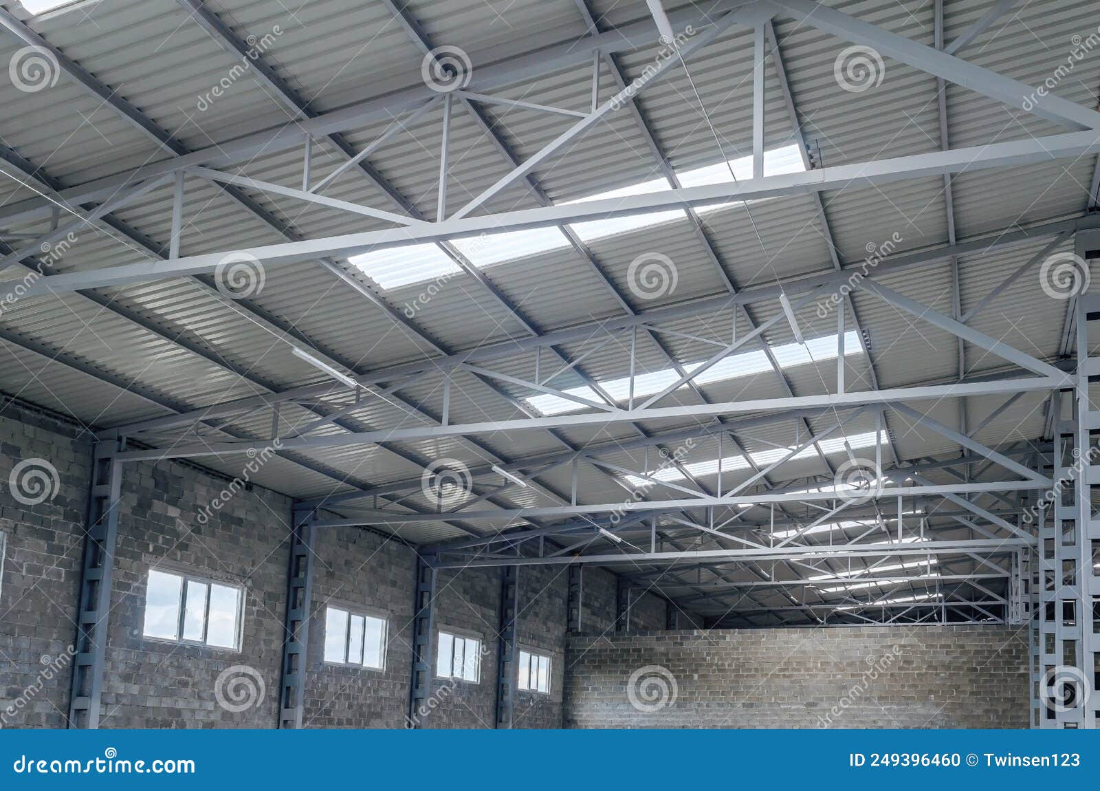 Empty Warehouse. Brick Walls, Windows in the Walls and Ceiling. Modern ...