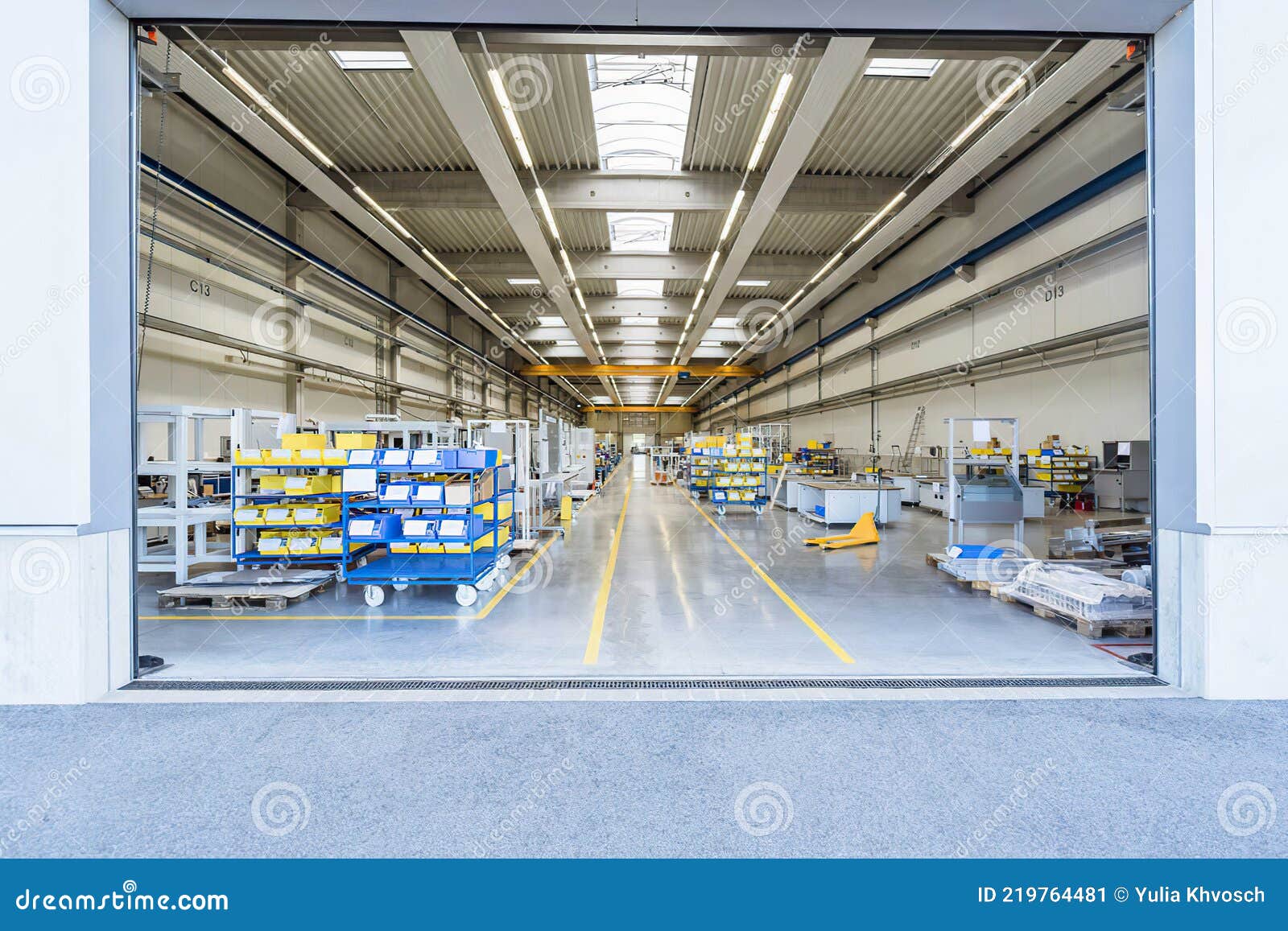 Empty Warehouse Interior with Shelves, Pallets , Boxes and Equipment ...