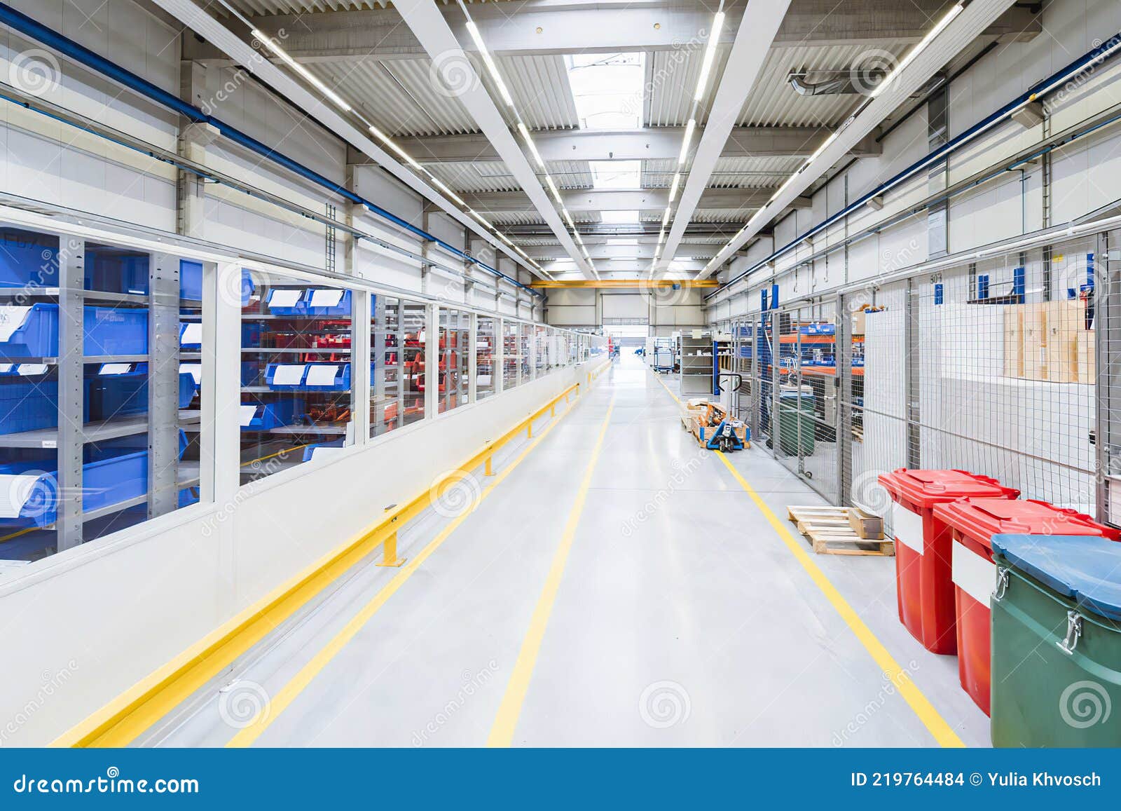 Empty Warehouse Interior with Shelves, Pallets , Boxes and Equipment ...