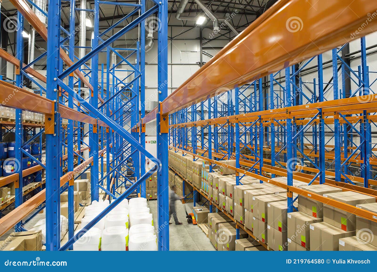 Empty Warehouse Interior with Shelves, Pallets, Boxes and Equipment ...