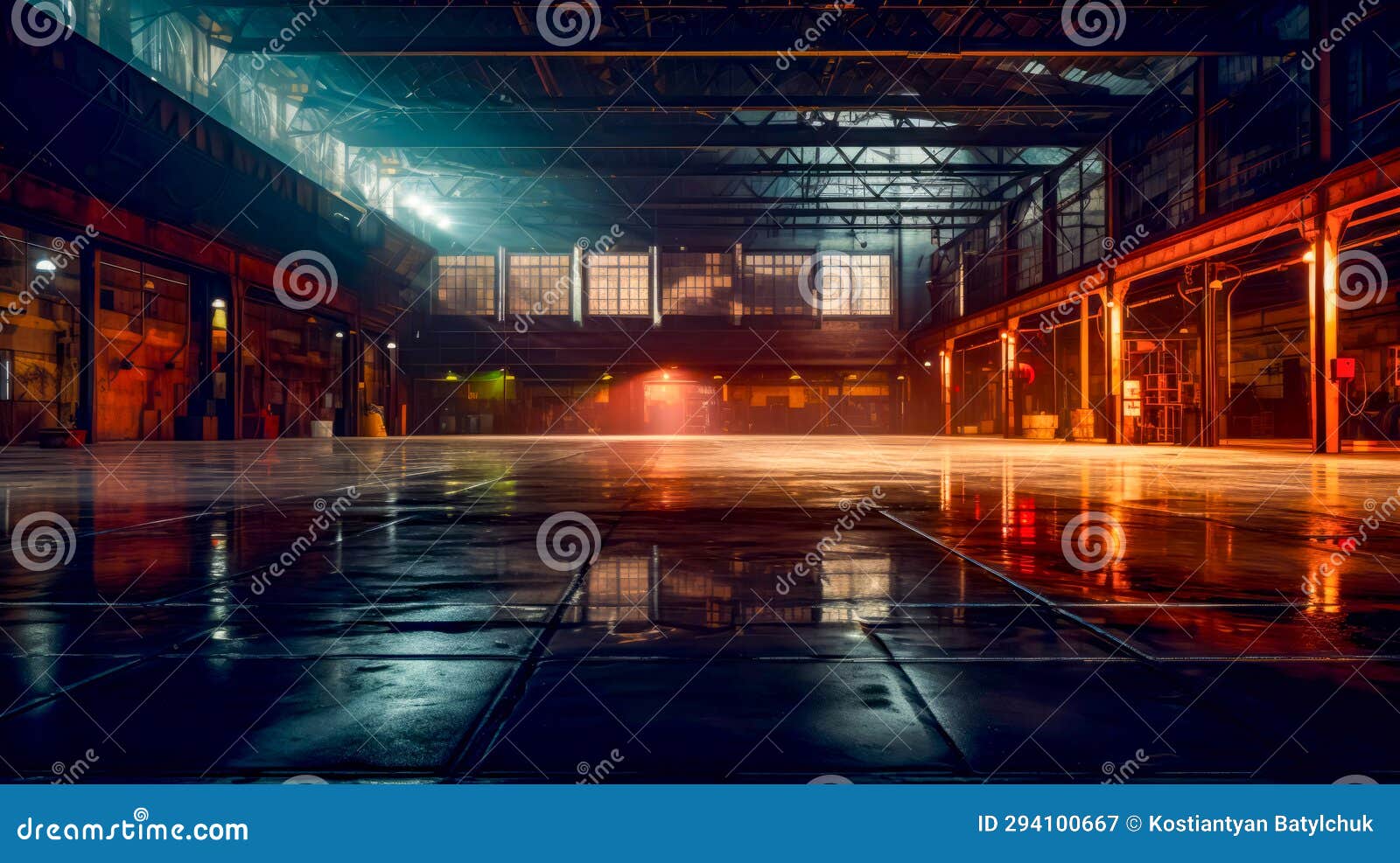 Empty Warehouse with Red Light at the End of the Aisle and Red Light at ...