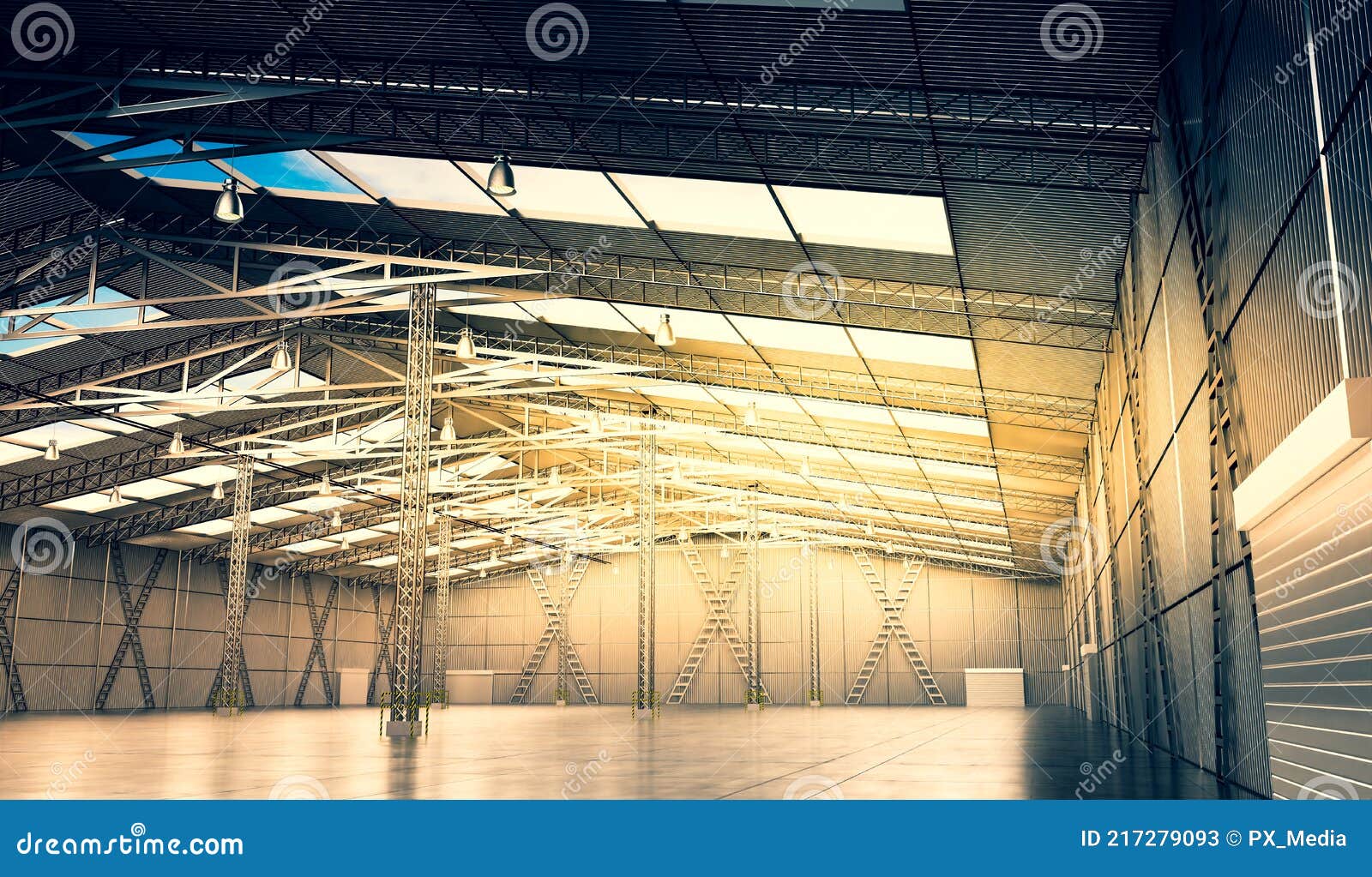 Empty Warehouse with Roof Windows and Several Pillars Stock ...