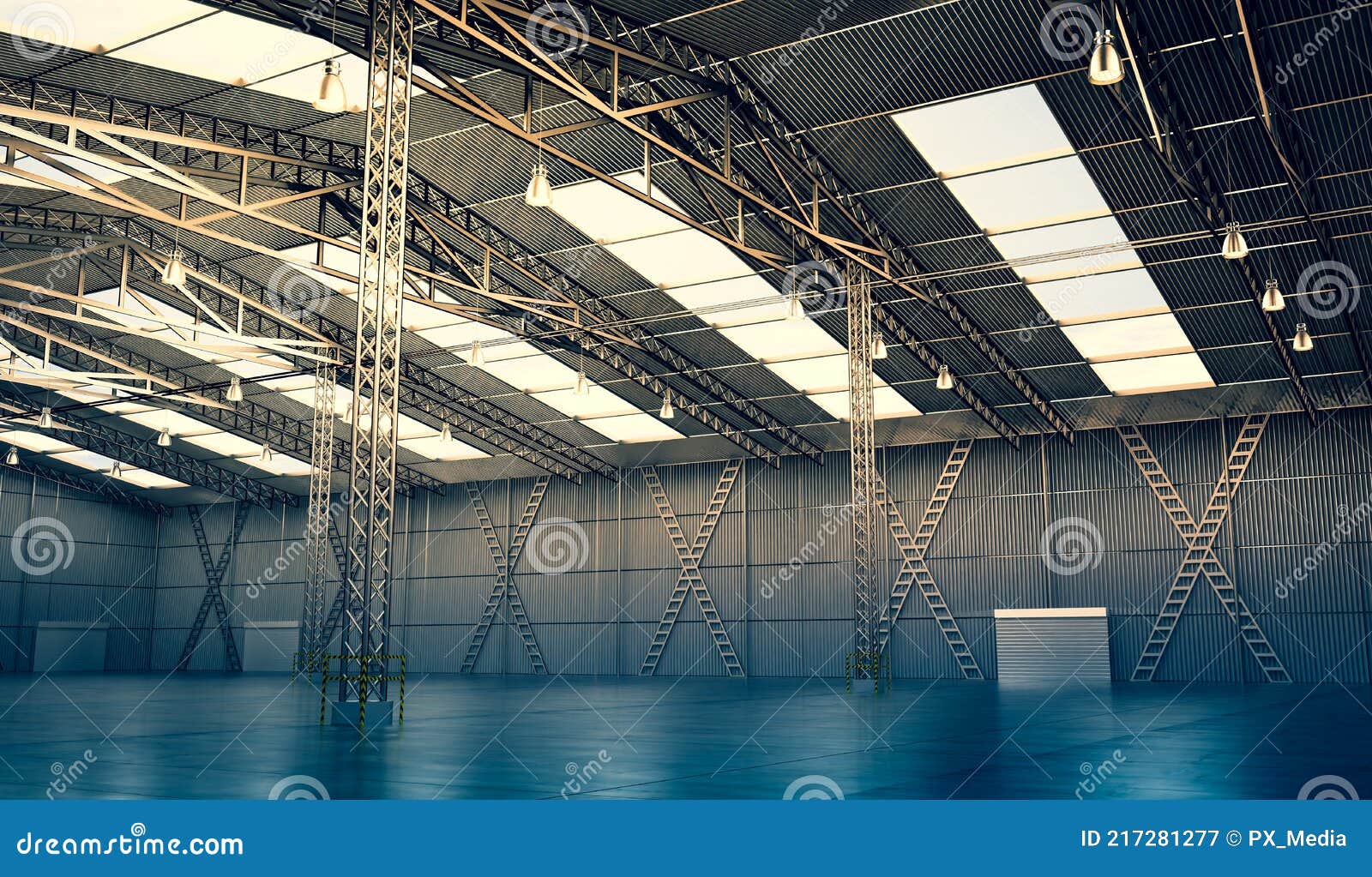 Empty Warehouse with Roof Windows and Several Pillars Stock ...