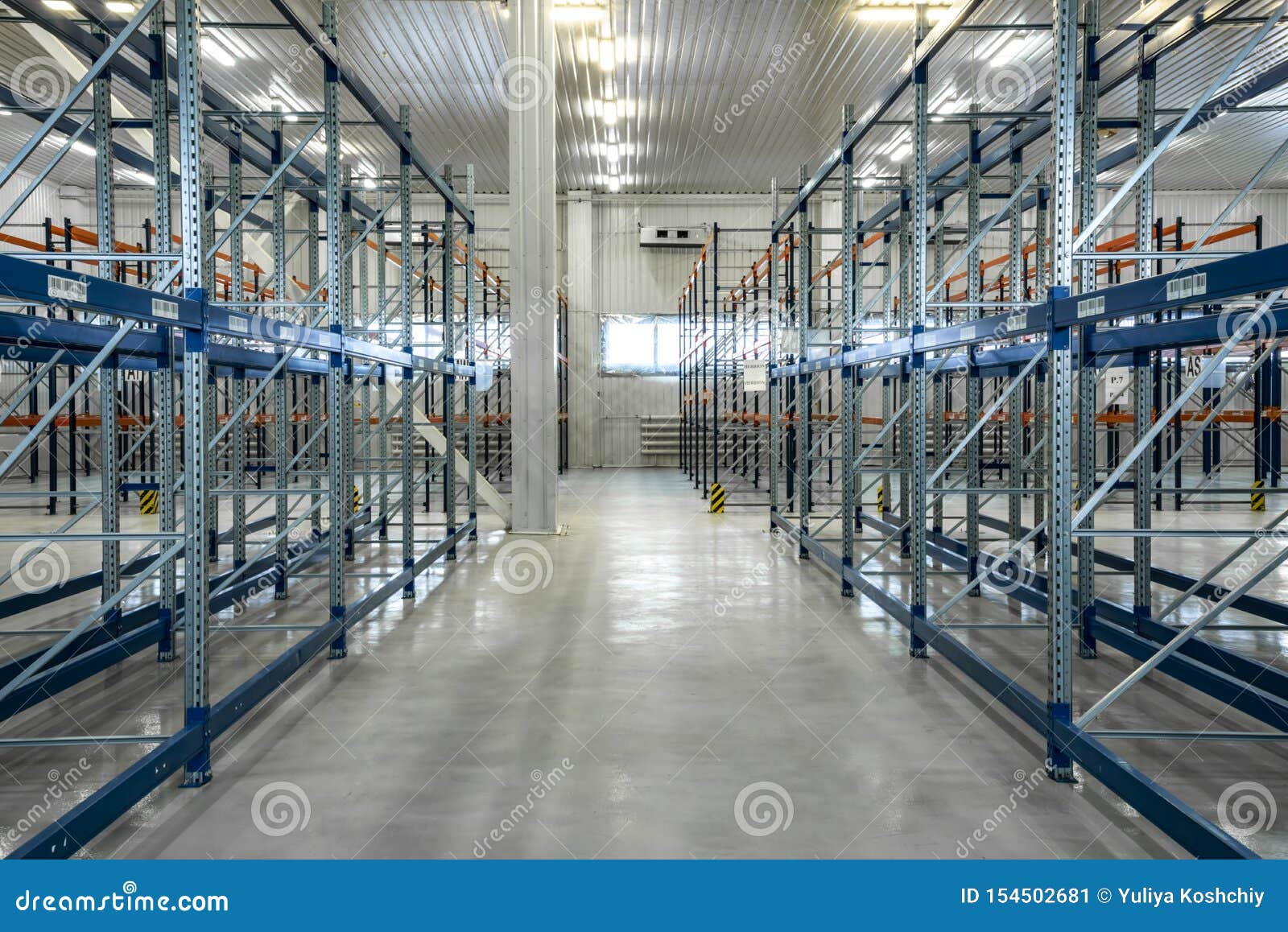 Empty Warehouse Shelves in Grey Industrial Interior Stock Image - Image ...
