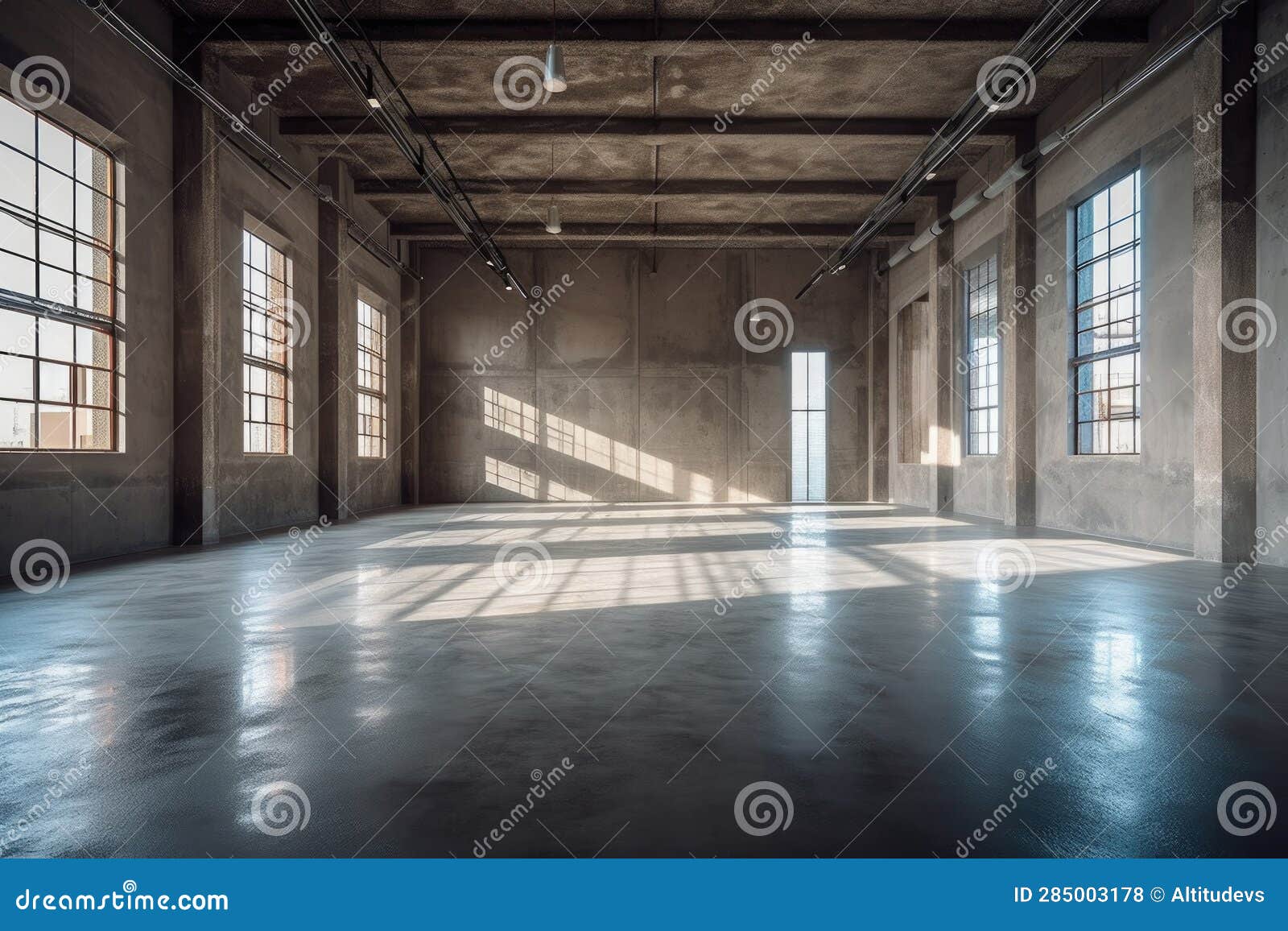 Empty Warehouse Space with Concrete Floor and High Ceiling Stock ...