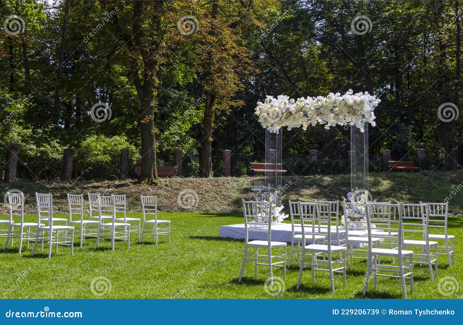 Empty Wedding Ceremony. with Empty White Chairs Stock Image - Image of ...