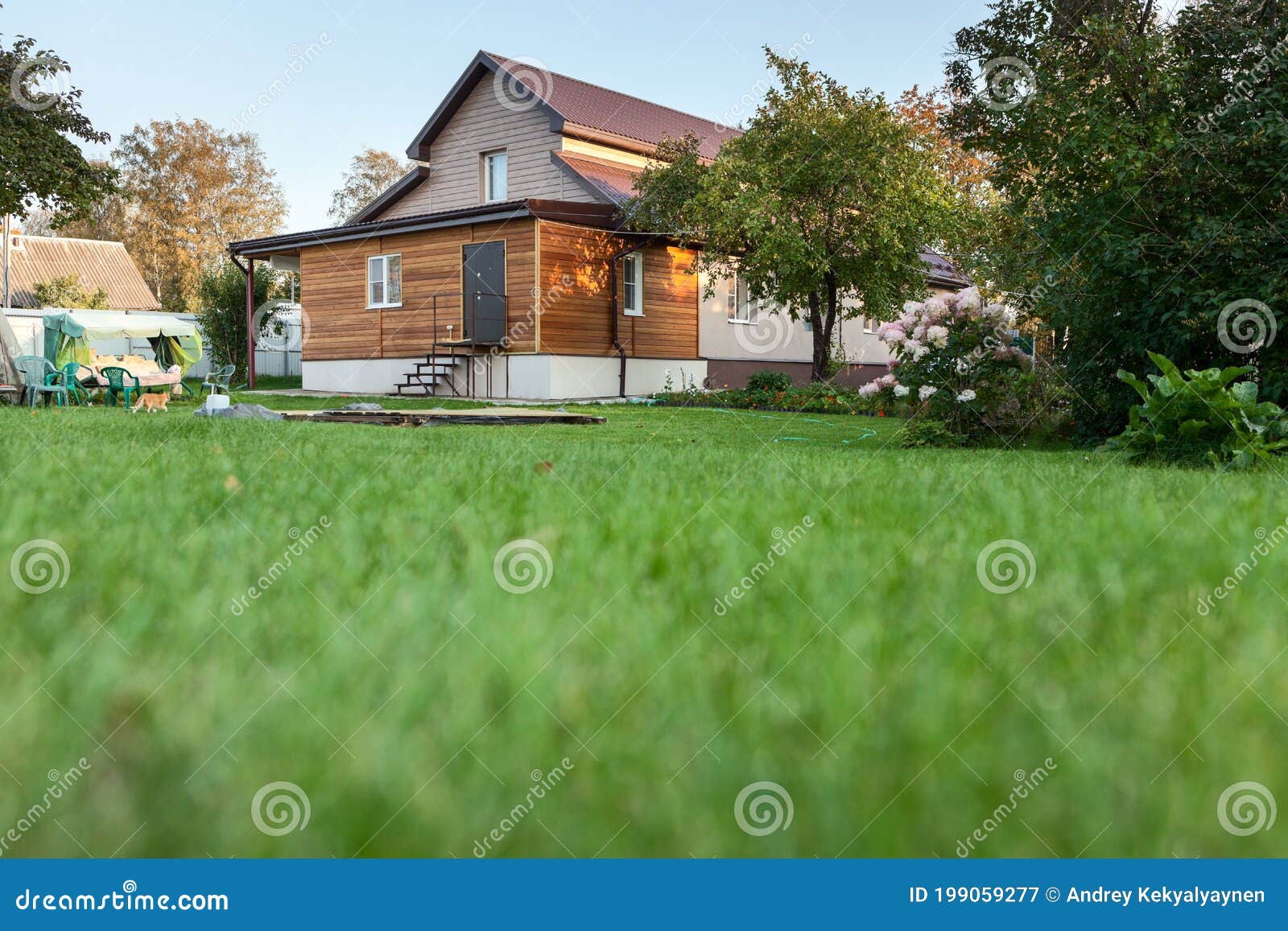 Empty Well-groomed Lawn with Green Grass is in Front of Modern Cottage ...