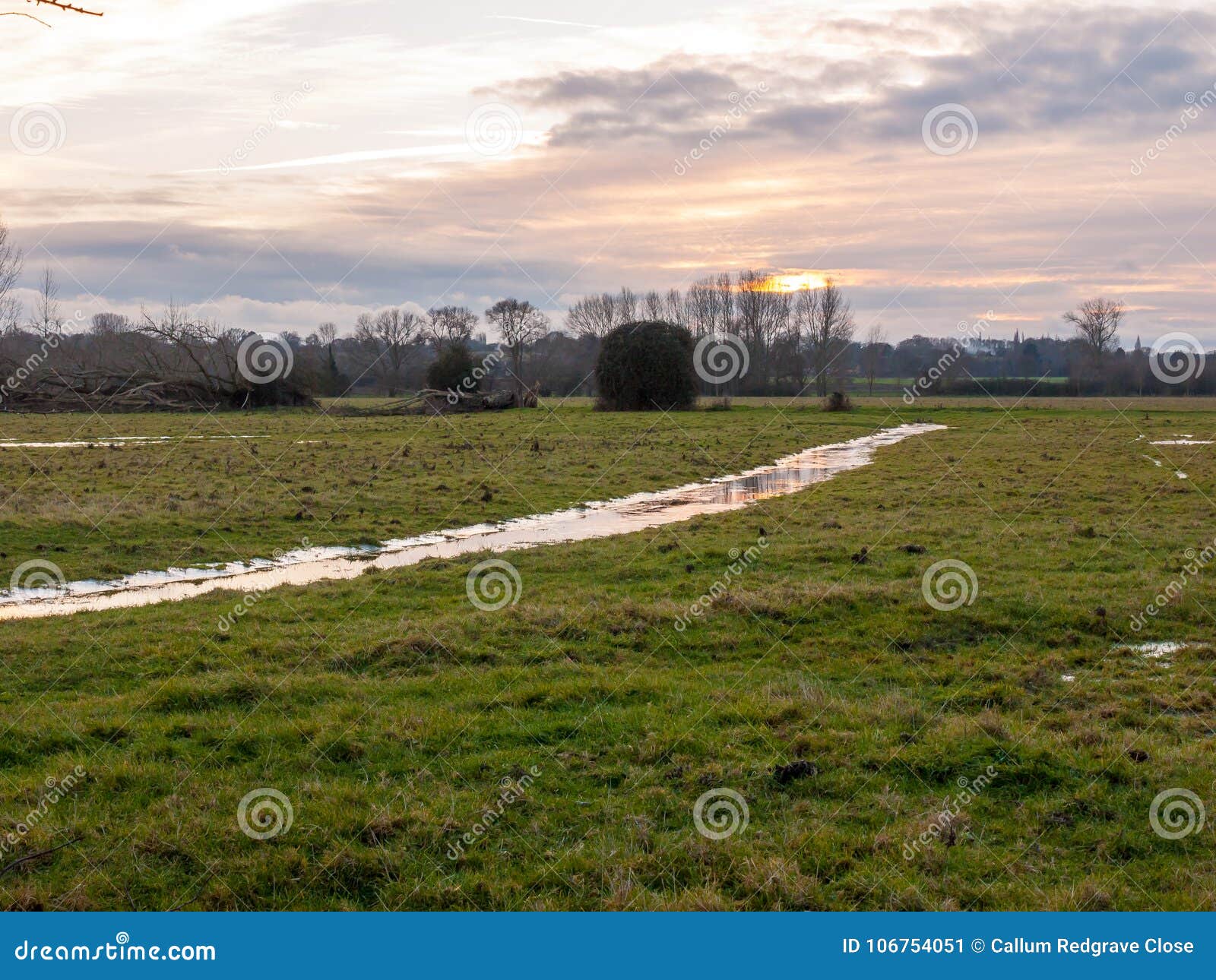Empty Wet Grass Field Low Light Sunset Landscape Dedham Plain Em Stock ...