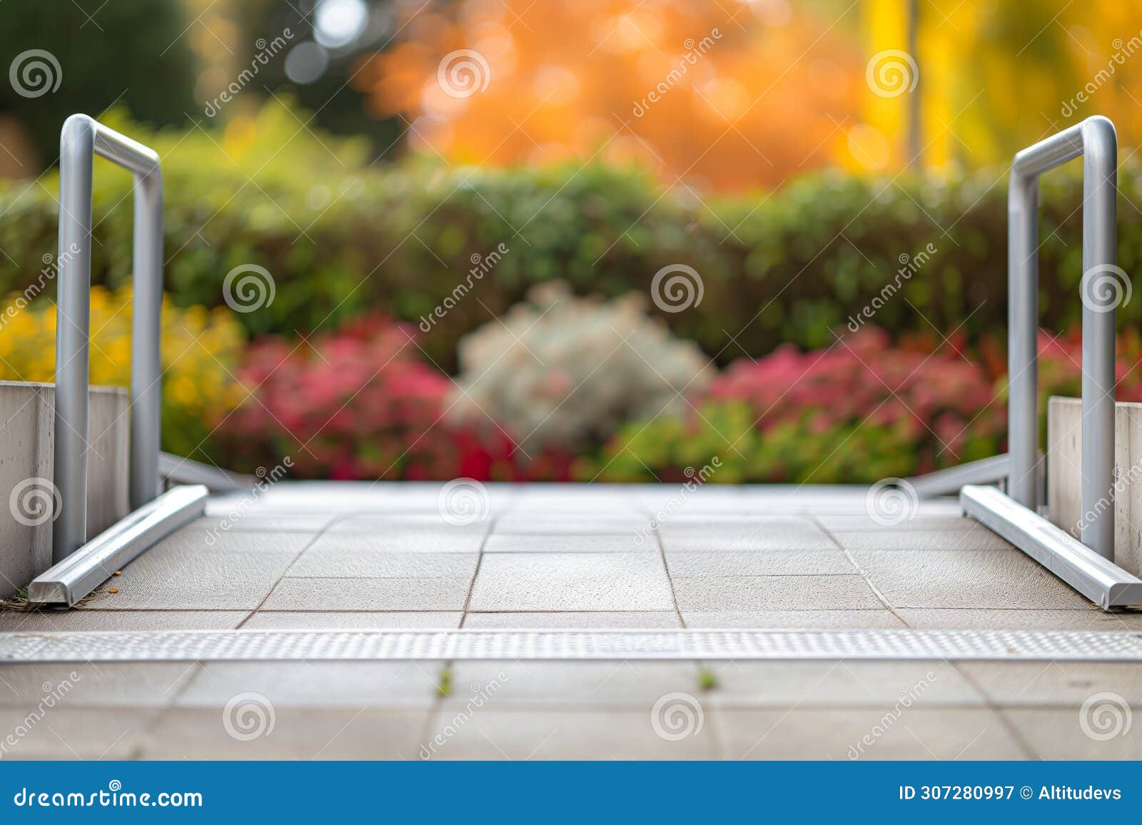 Empty Wheelchairaccessible Ramp, Blurred Variety of Shrubs in Back ...