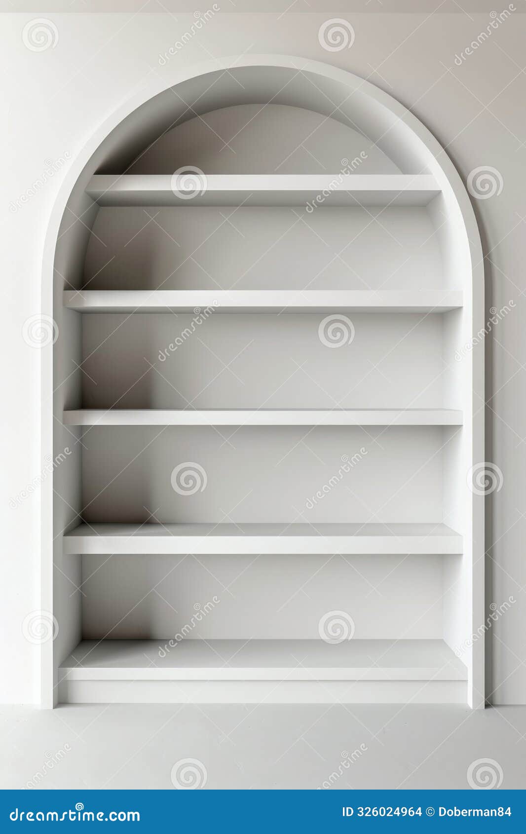 Empty White Arched Bookshelf Against a White Wall for Minimalistic ...