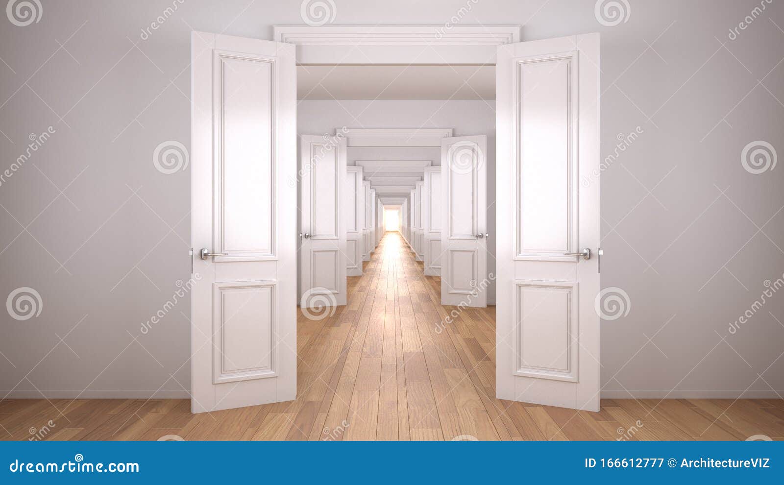 Empty White Architectural Interior with Infinite Open Doors, Endless ...