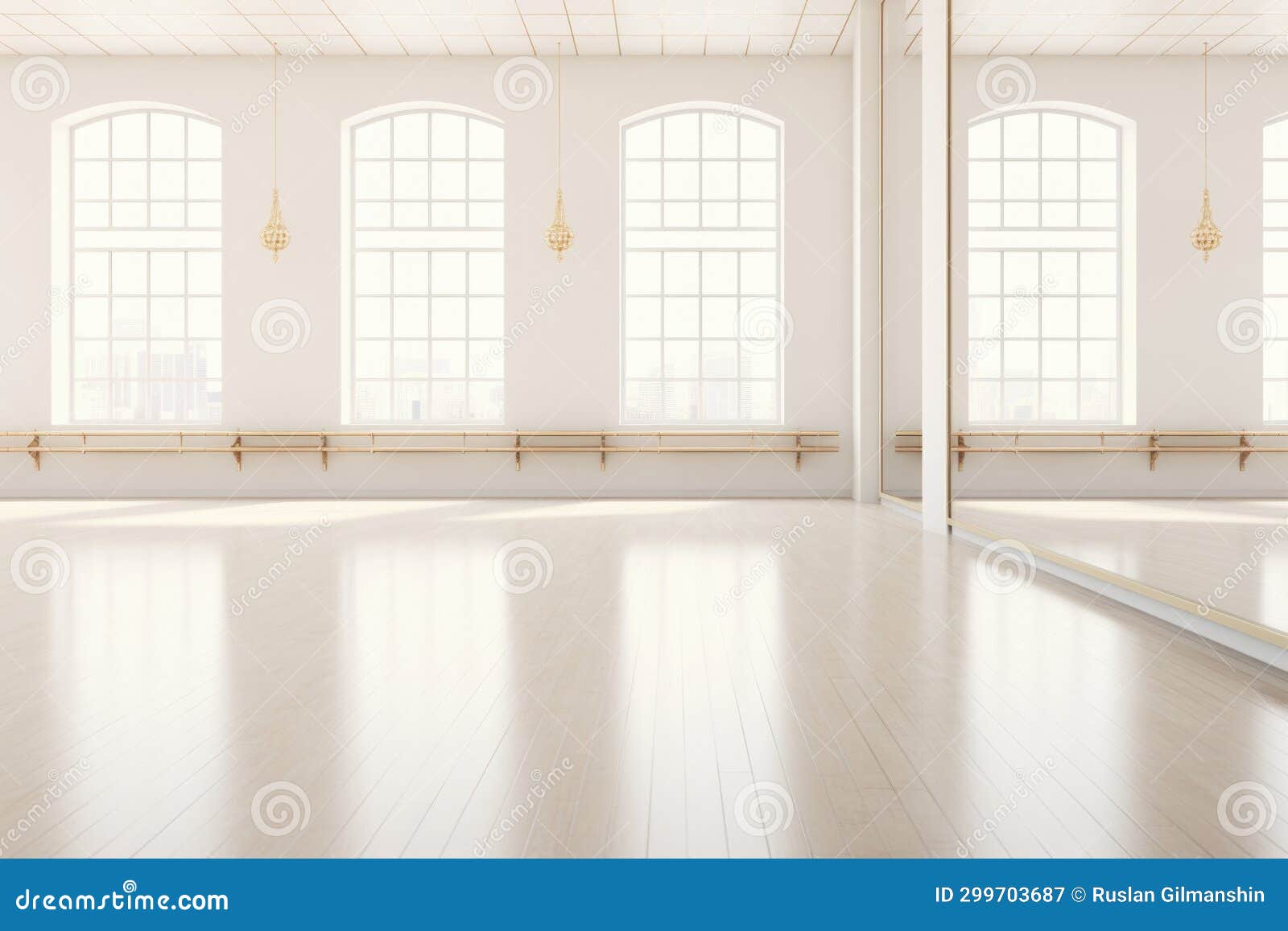 Empty White Ballet Dance Room with Big Windows Stock Image - Image of ...