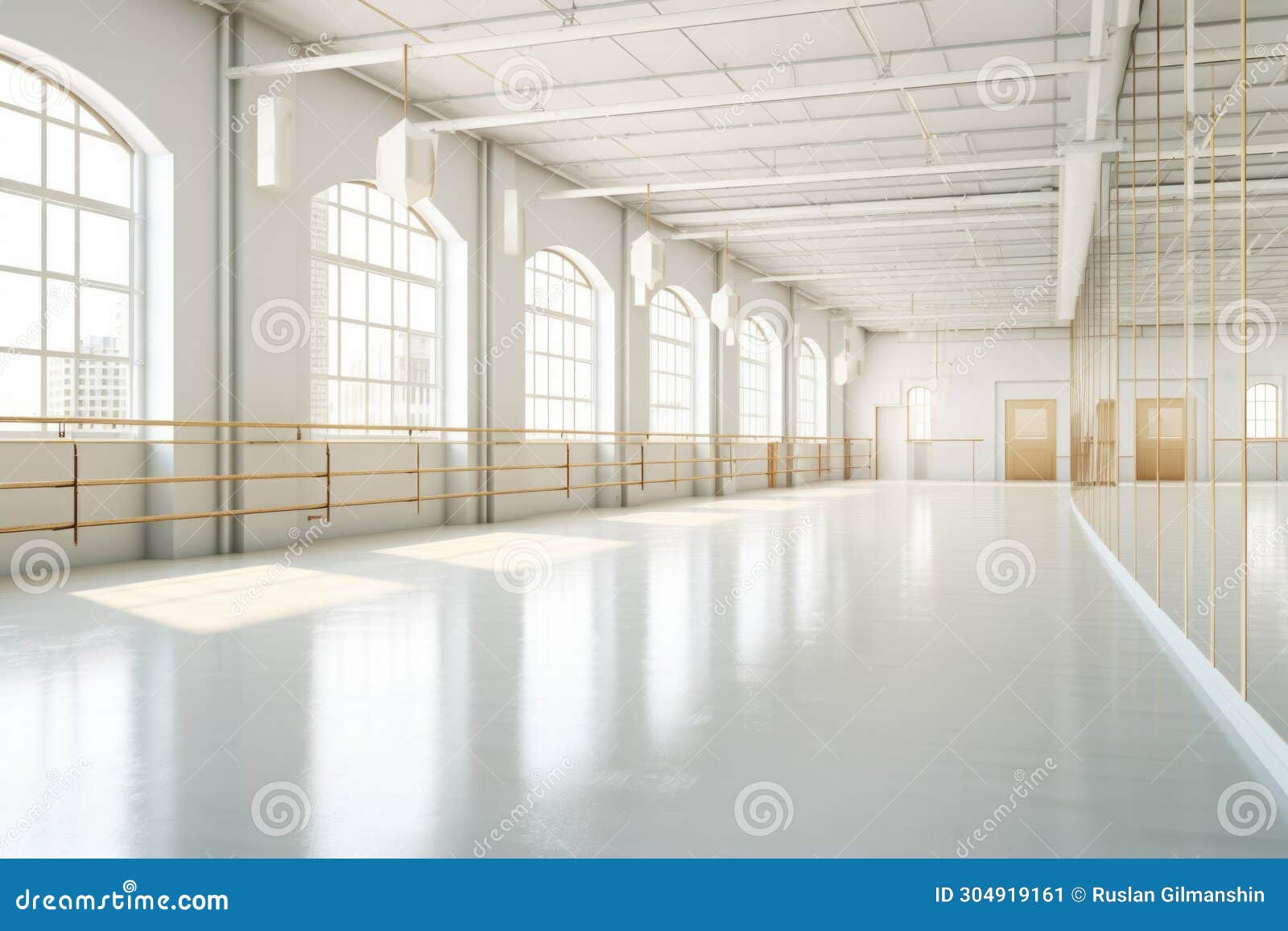 Empty White Ballet Dance Room with Big Windows Stock Image - Image of ...