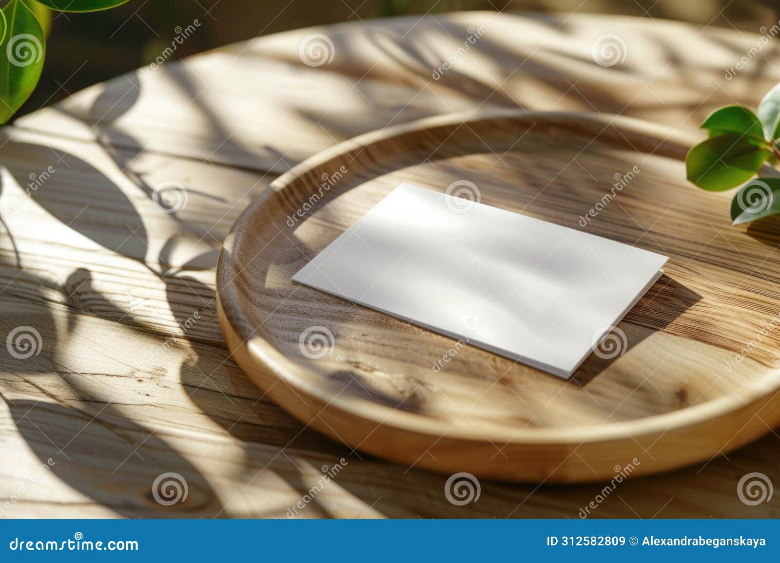 Empty White Card on a Wooden Plate in Sunlight with Plant Shadows Stock ... Empty White Card on a Wooden Plate in Sunlight with Plant Shadows Stock ...
