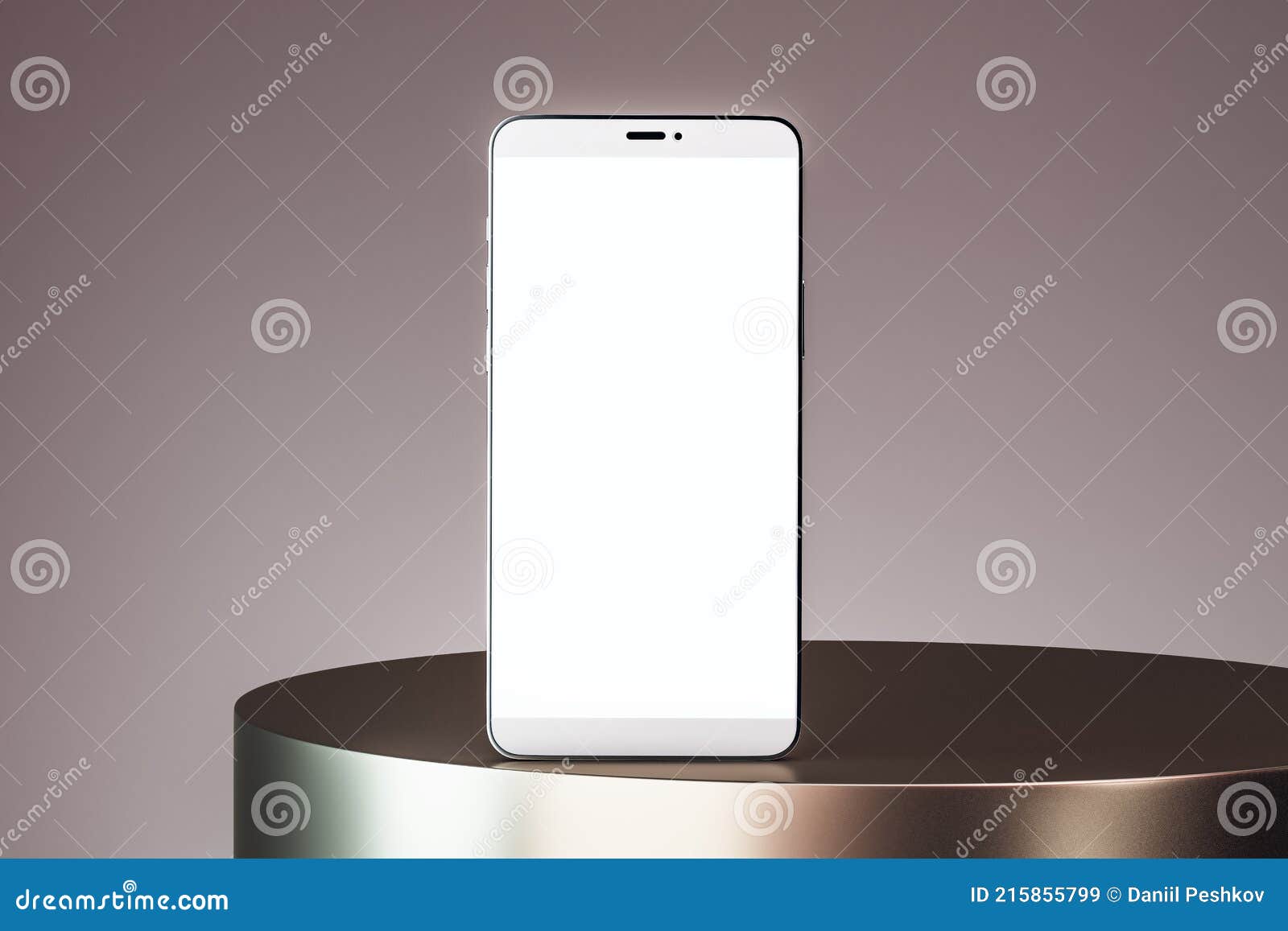 Empty White Cell Phone Screen on Round Metallic Podium on Abstract ...