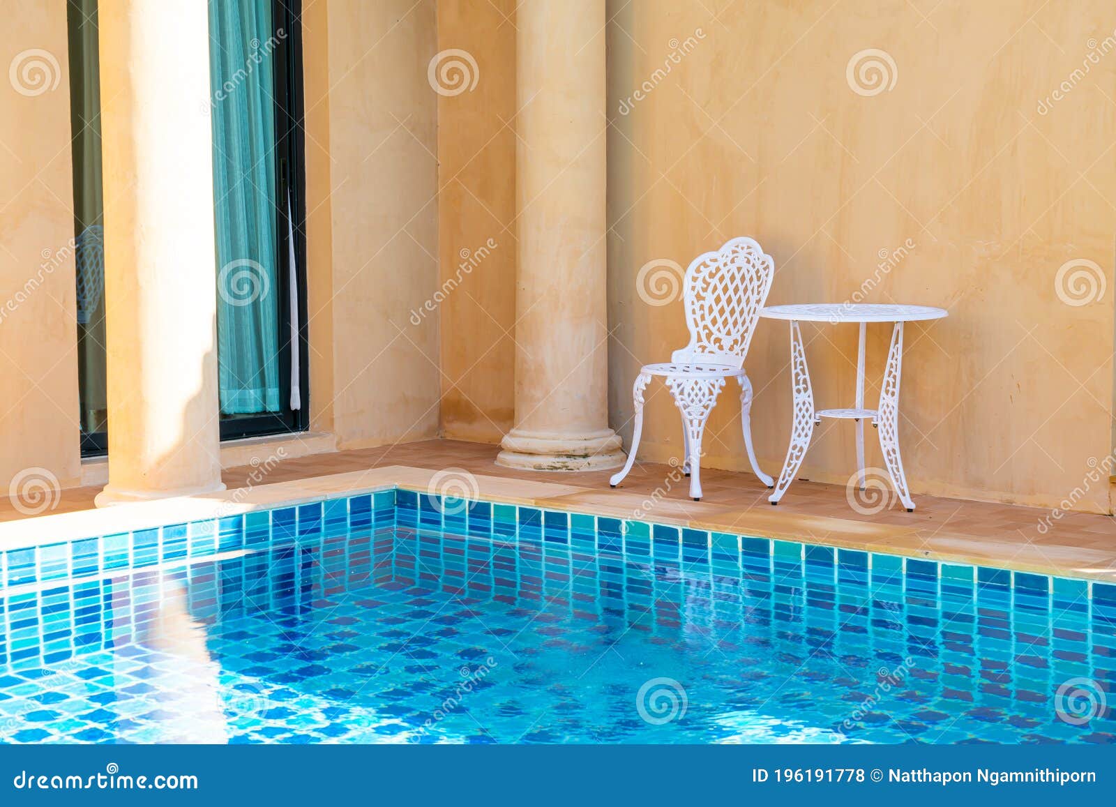White Chair and Table on Side the Swimming Pool Stock Photo - Image of ...